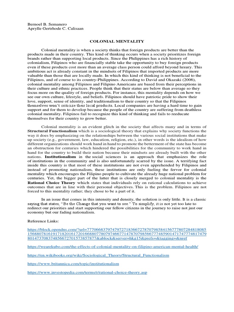 Colonial Mentality | PDF | Philippines | Thought