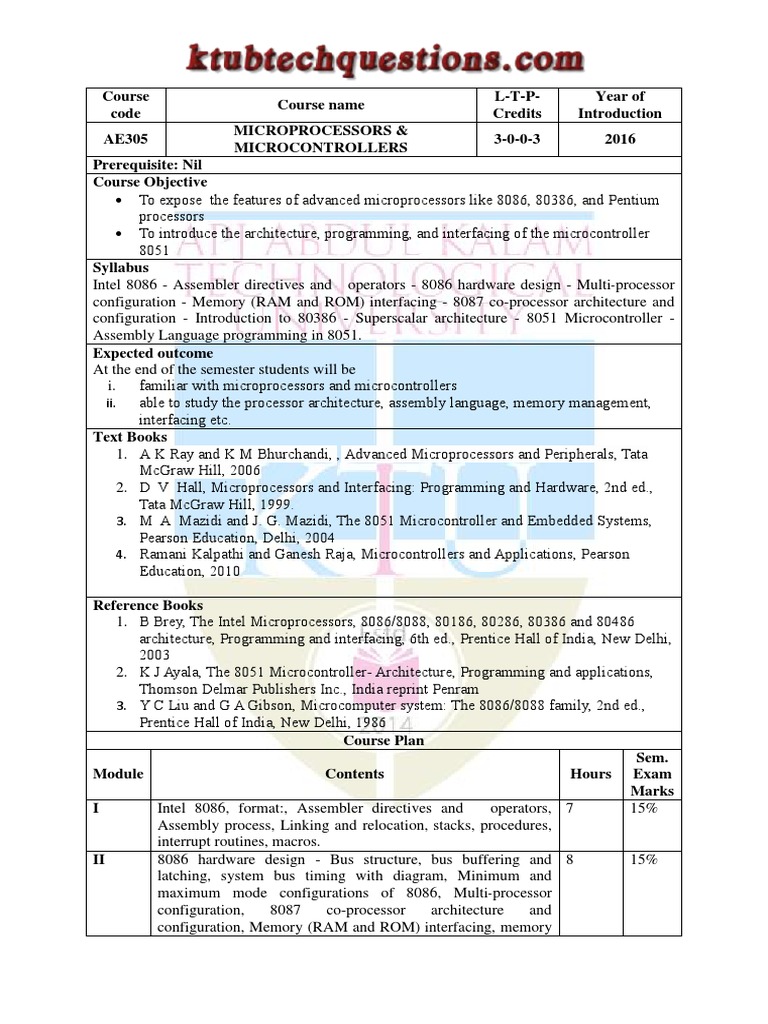 Ae305 Microprocessors Microcontrollers PDF | PDF | Microcontroller | Microprocessor