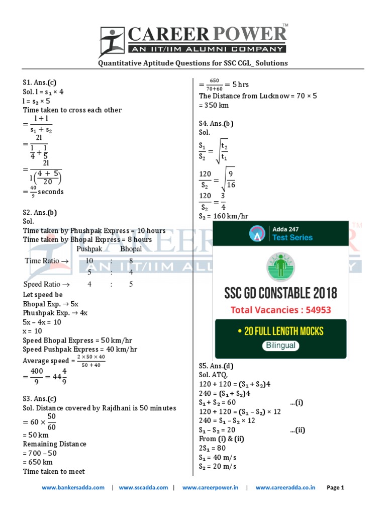 30 Quantitative Aptitude Questions For CGL 9th November Solutions | PDF | Speed | Physics