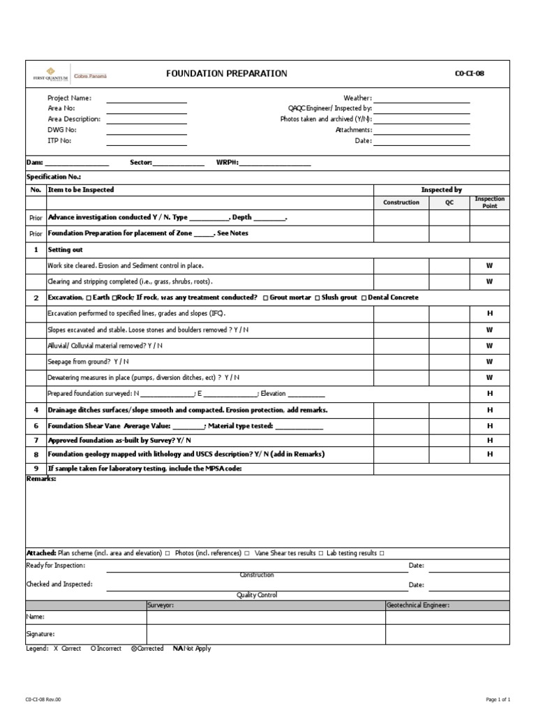 Foundation Preparation QC Inspection Checklist | PDF | Geotechnical ...