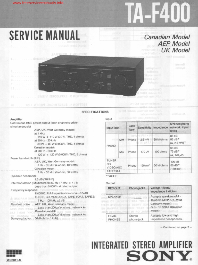 Ta-F400 Sony User Manual | PDF