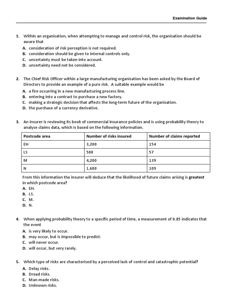 Risk Management Exam Questions Guide | PDF | Risk | Risk Management