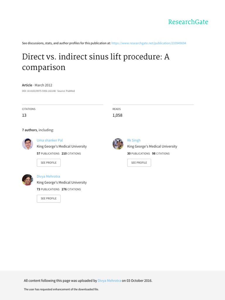 Direct vs. Indirect Sinus Lift Procedure: A Comparison: March 2012 ...