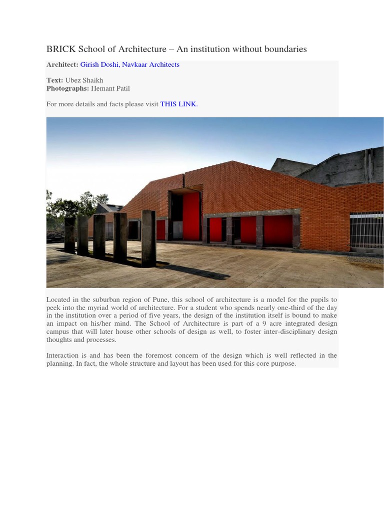 BRICK School of Architecture - An Institution Without Boundaries | PDF ...