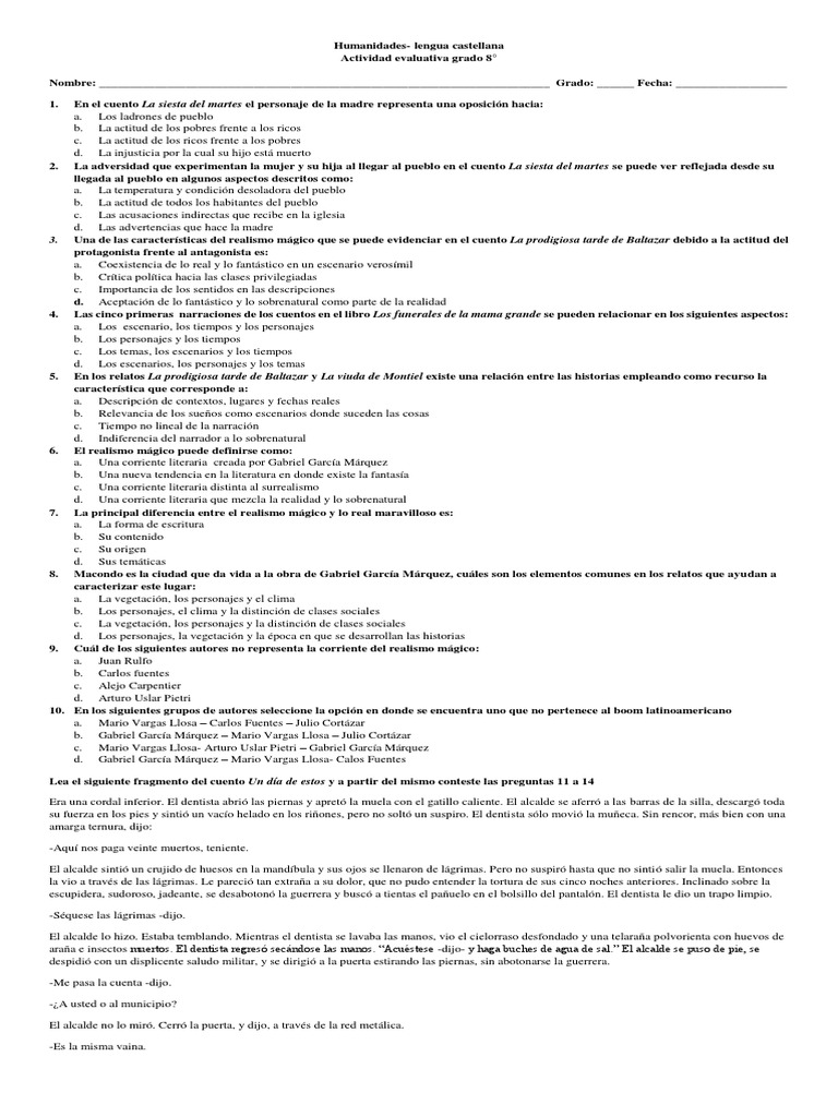 Evaluación Realismo Mágico Grado 8° | PDF | Gabriel García Márquez