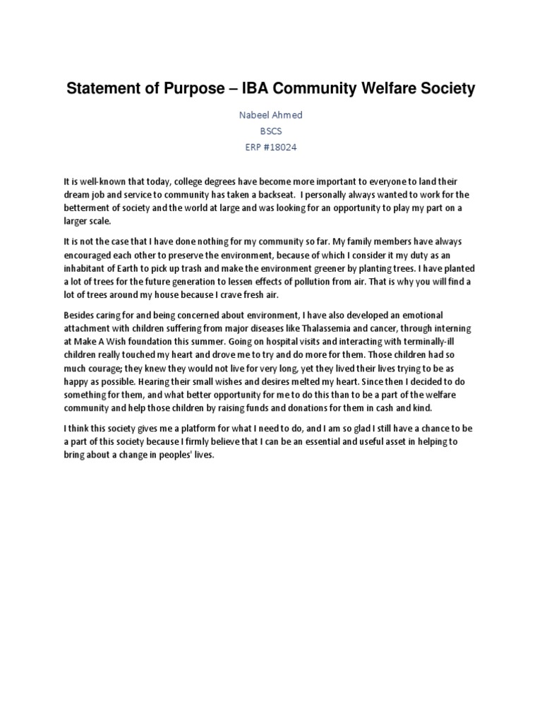 Statement of Purpose - IBA Community Welfare Society: Nabeel Ahmed Bscs ...
