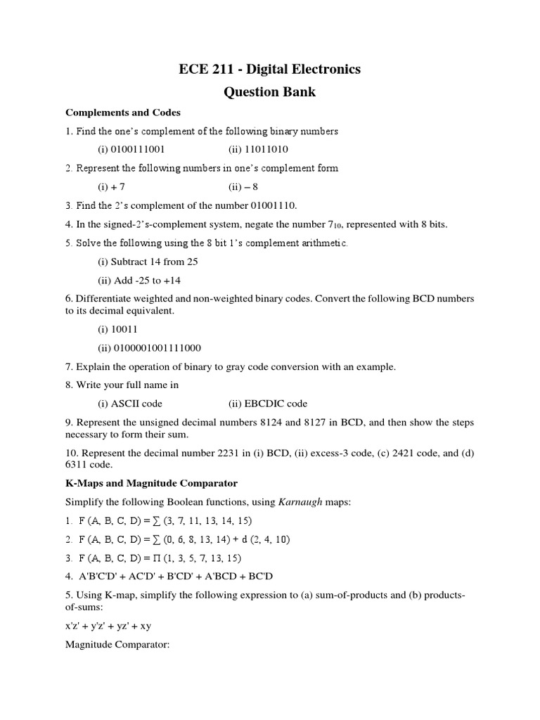 ECE 211 - Digital Electronics Question Bank | PDF | Binary Coded Decimal | Logic Gate