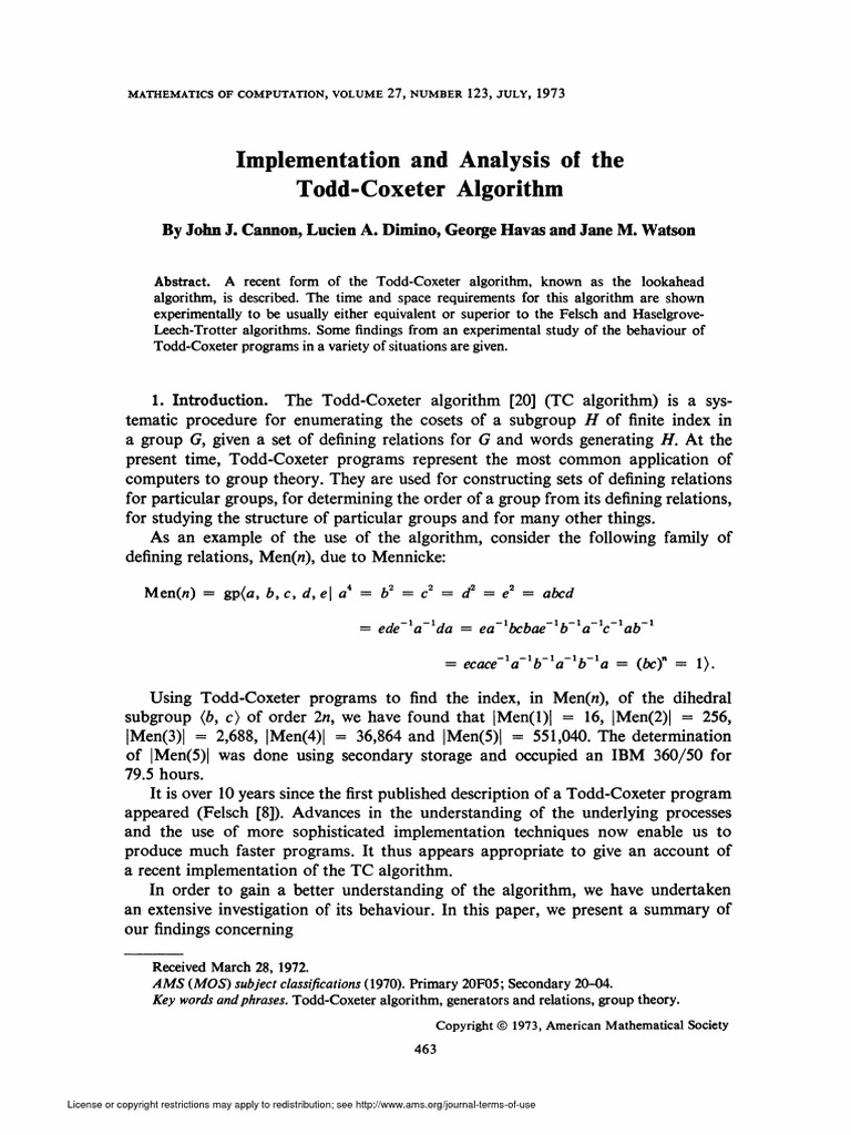 Todd-Coxeter Algorithm: Implementation and Analysis of The | PDF | Index Of A Subgroup | Array ...