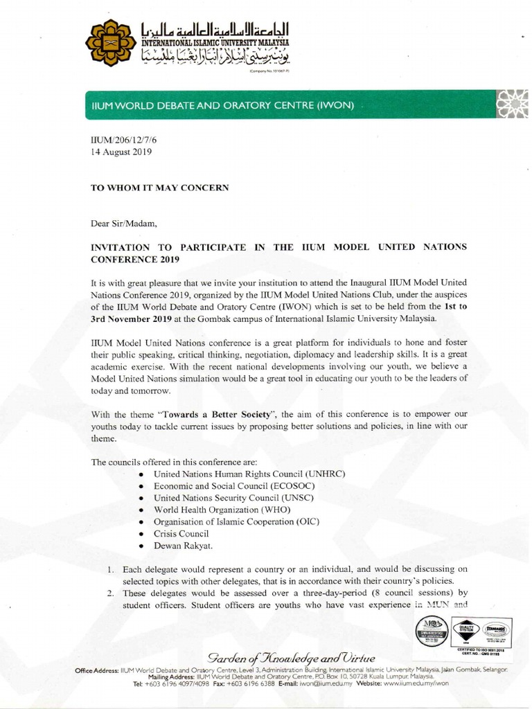 Invitation To IIUM MUN 2019 | PDF