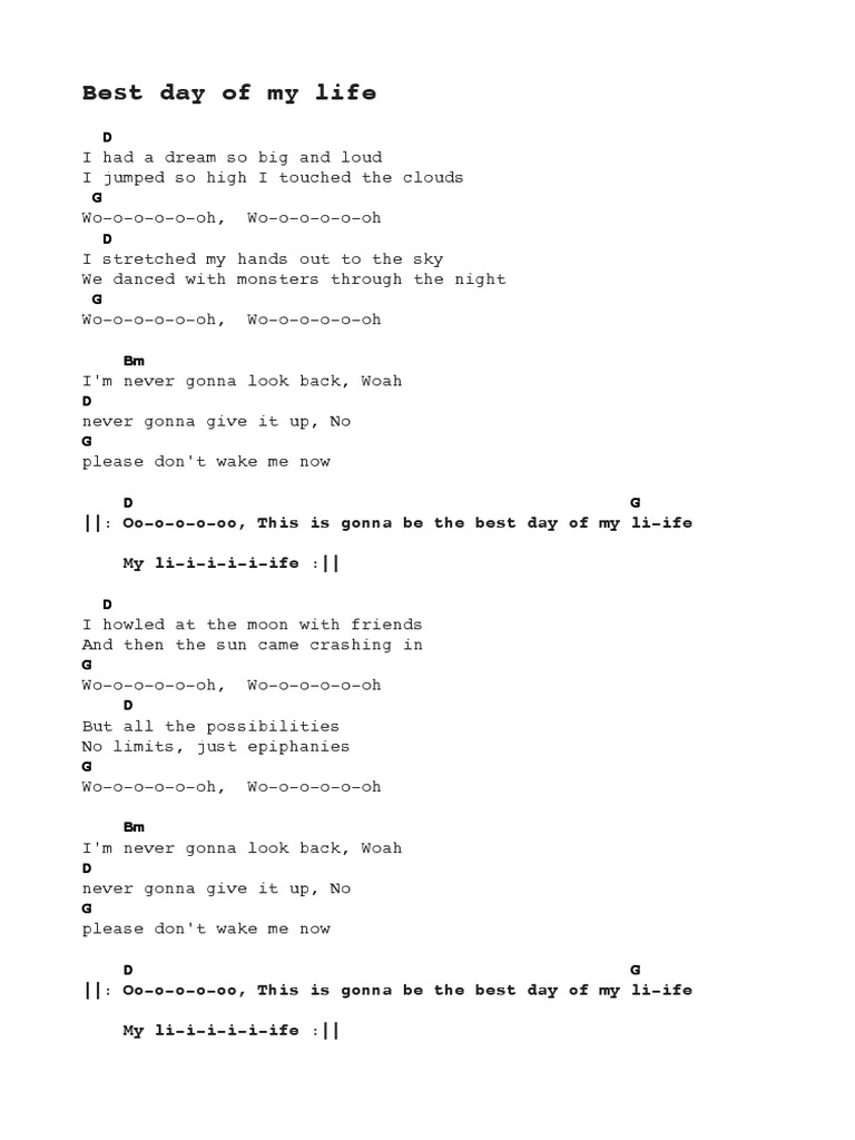Best Day of My Life Lyrics and Chords | PDF