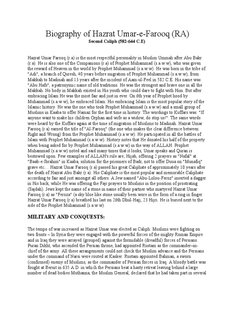 Biography of Hazrat Umar Farooq (RA) | PDF | Caliphate | Muhammad