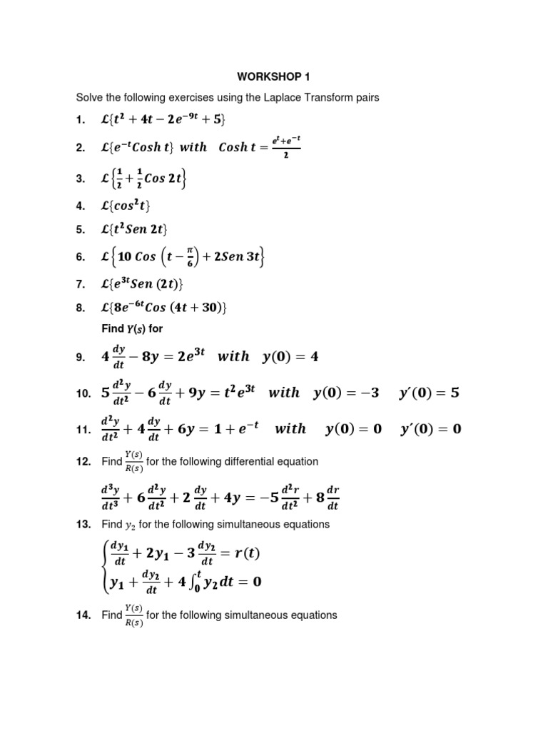 Workshop 1 Laplace Transform Pdf Pdf Laplace Transform Function