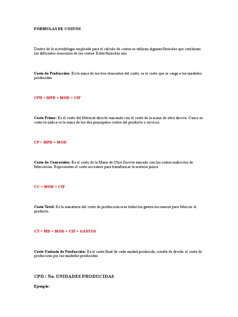 Formulas de Costos | PDF | Contabilidad de costos | Costo