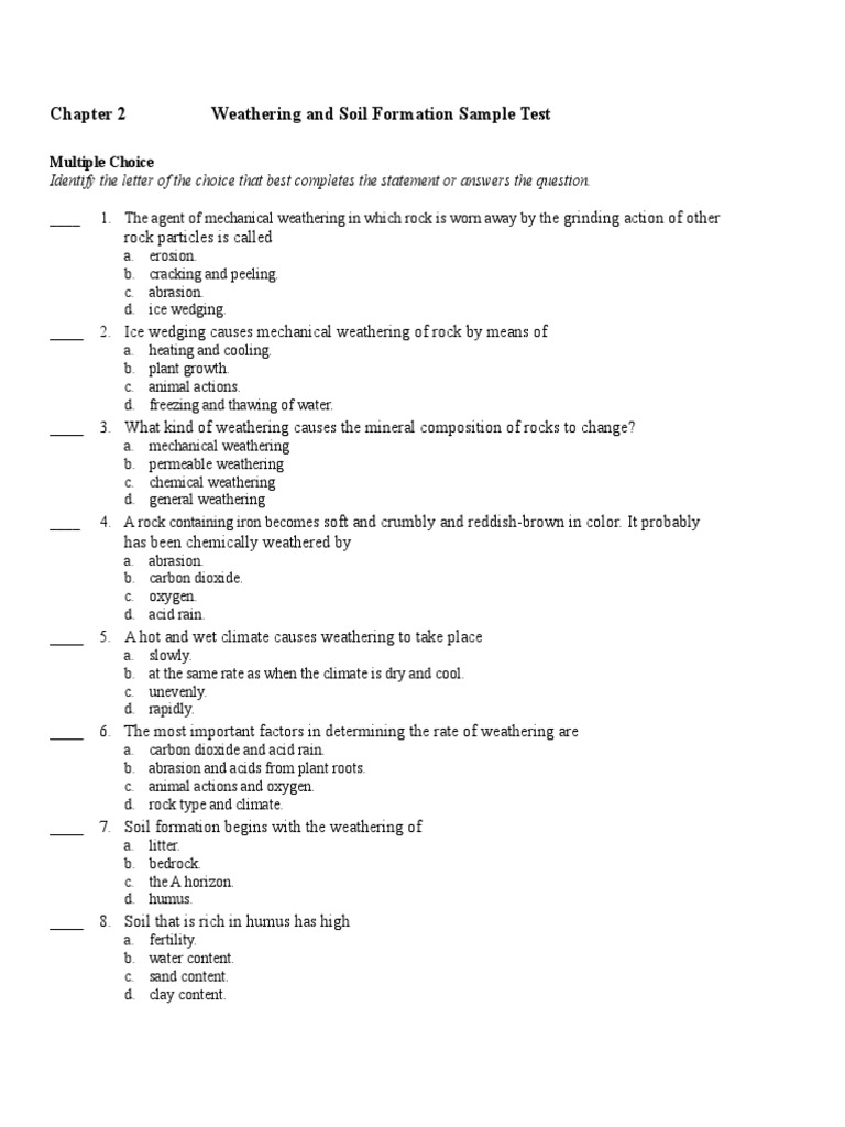 CH 2 Weathering and Soil Formation Sample Test | PDF | Weathering | Soil