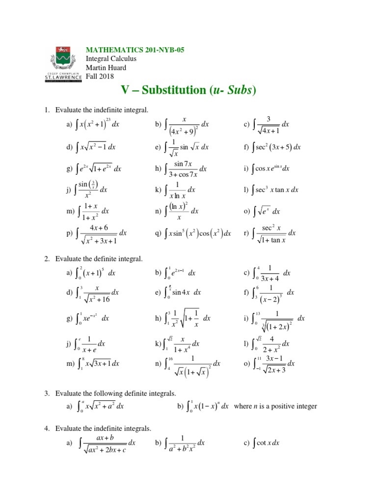 V - Substitution (U-Subs) : Mathematics 201-Nyb-05 | PDF | Elementary ...