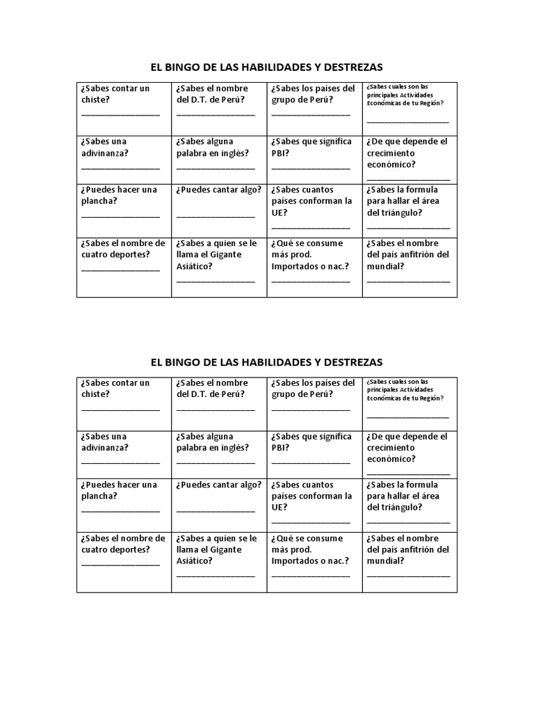 El Bingo de Las Habilidades y Destrezas | PDF | Economias | Business