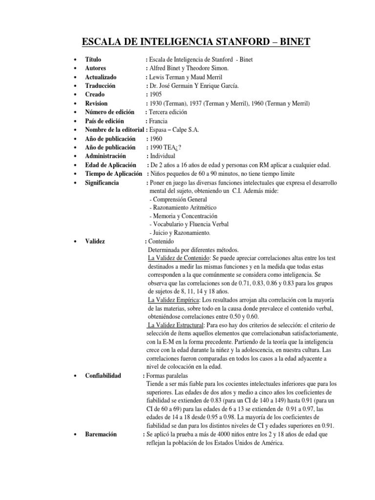 Escala de Inteligencia Stanford - Binet | PDF | Cociente de ...