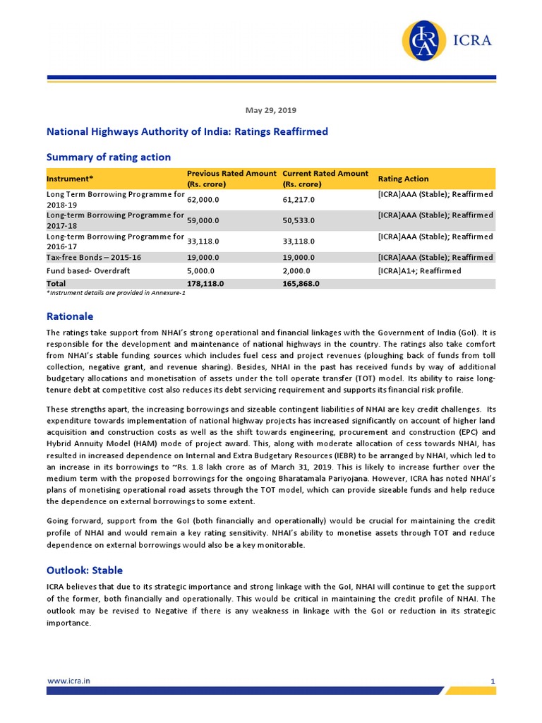 NHAI - ICRA Credit Rating | PDF | Credit Rating | Moody's Investors Service