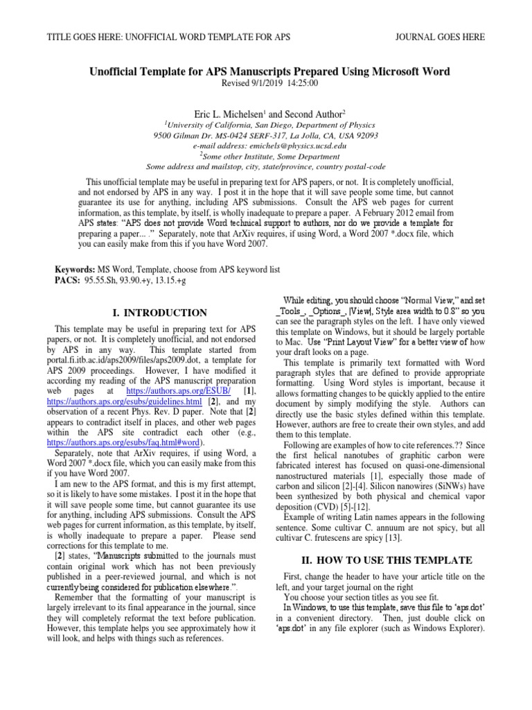 Unofficial Template For APS Manuscripts Prepared Using Microsoft Word ...