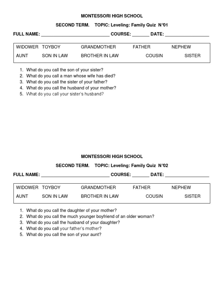 Family Relationship Quiz Questions | PDF | Family | Wife