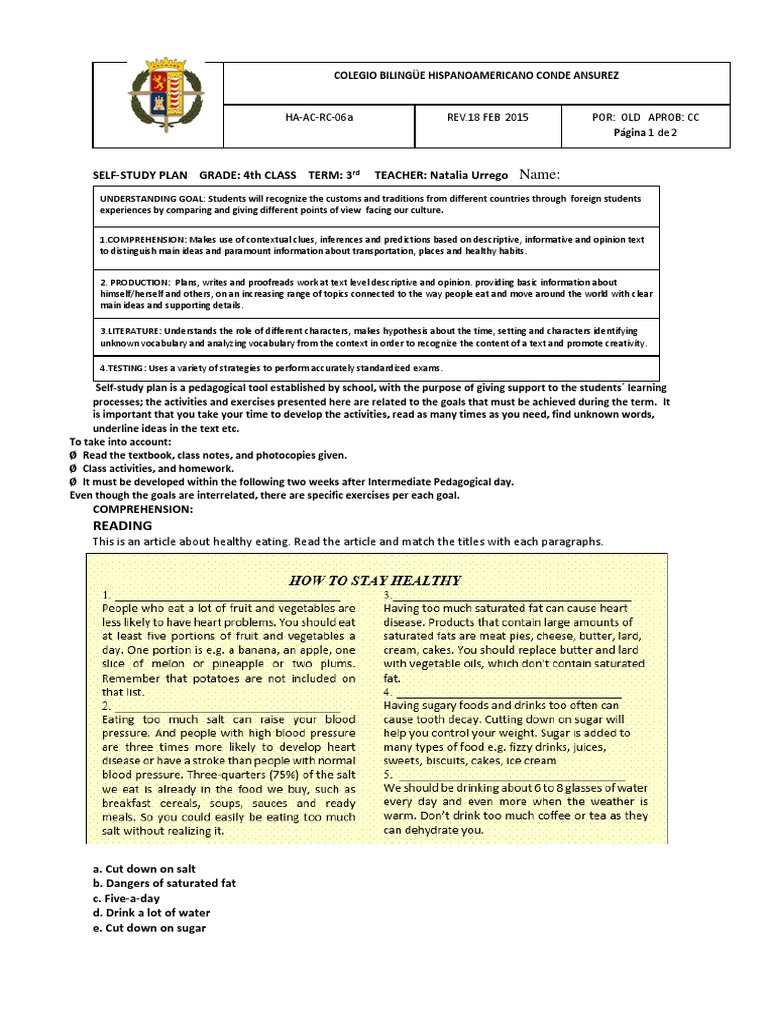 Name:: Self-Study Plan Grade: 4Th Class Term: 3 TEACHER: Natalia Urrego ...