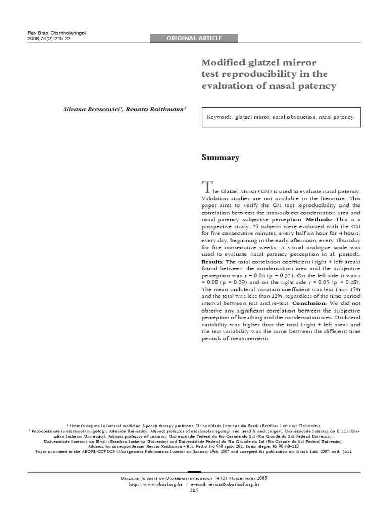 Modified Glatzel Mirror Test Reproducibility in The Evaluation of Nasal ...