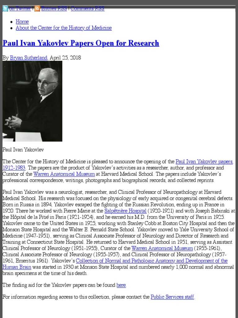 Paul Ivan Yakovlev Papers Open For Research | PDF | Neurology | Medicine