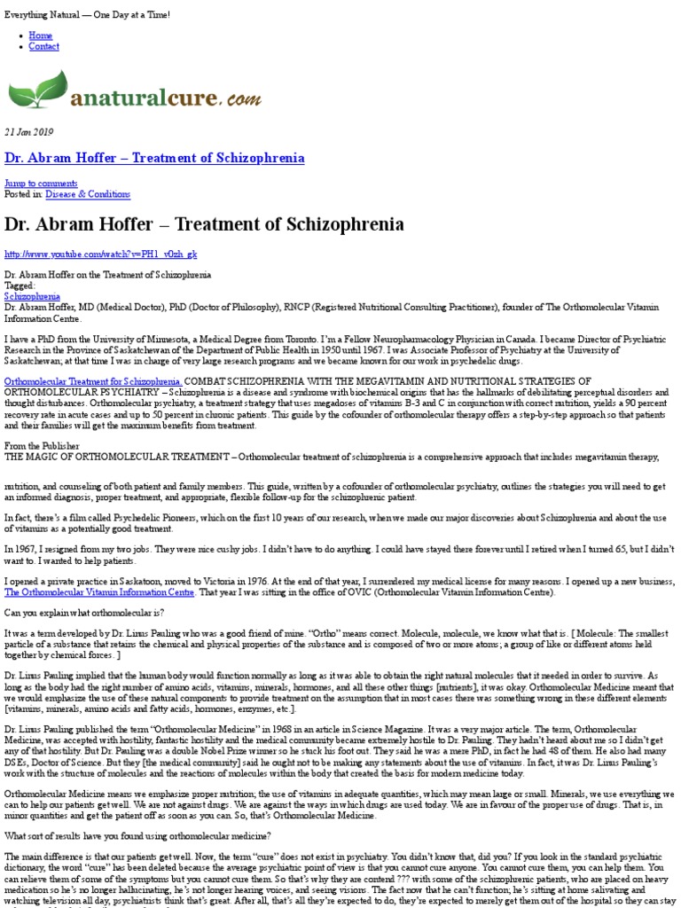 Abraham Hoffer | PDF | Orthomolecular Medicine | Nicotinamide Adenine ...