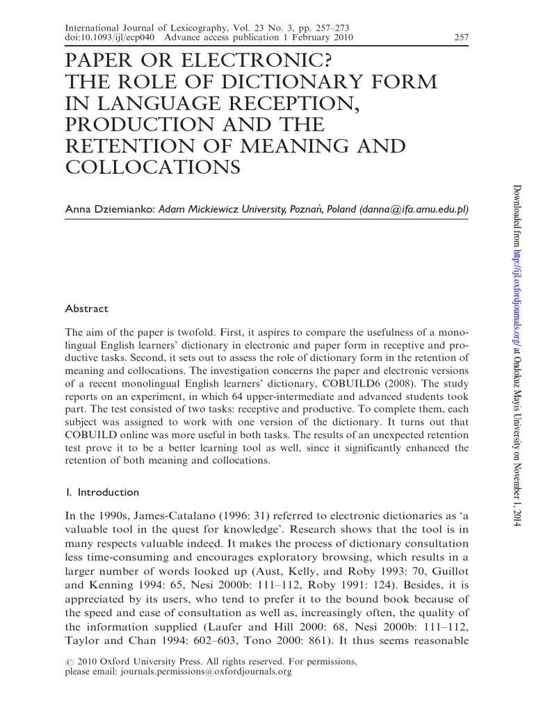 Paper or Electronic? The Role of Dictionary Form in Language Reception ...