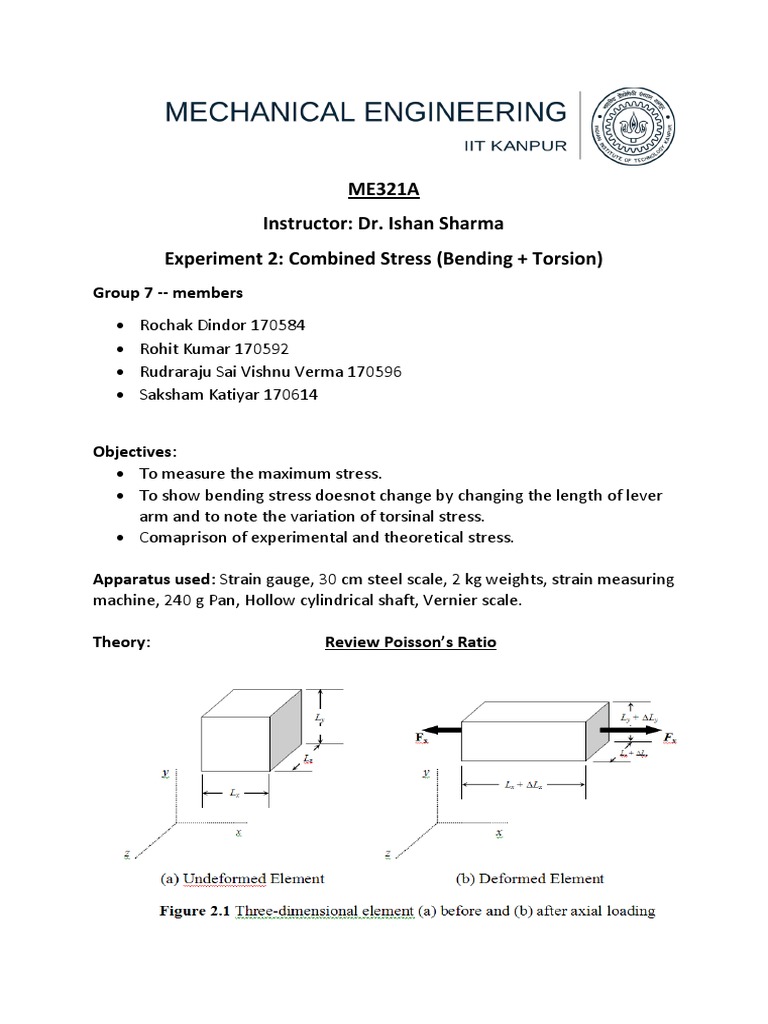 Combined Stress (Bending + Torsion) Lab Report (ME321) | PDF | Bending | Young's Modulus