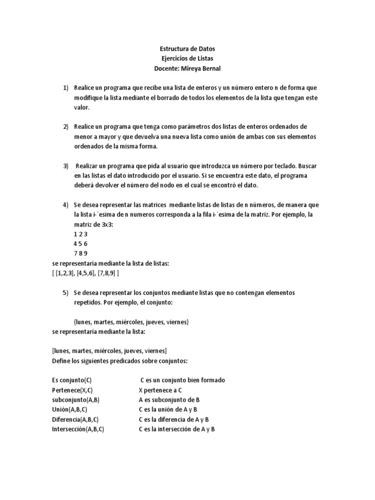 Ejercicios Con Listas Estructura de Datos PDF | PDF Ejercicios Con Listas Estructura de Datos PDF | PDF