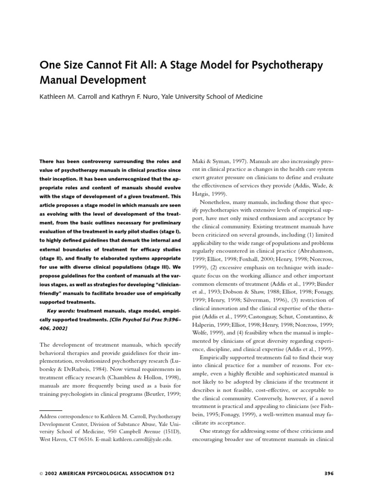 One Size Cannot Fit All: A Stage Model For Psychotherapy Manual ...