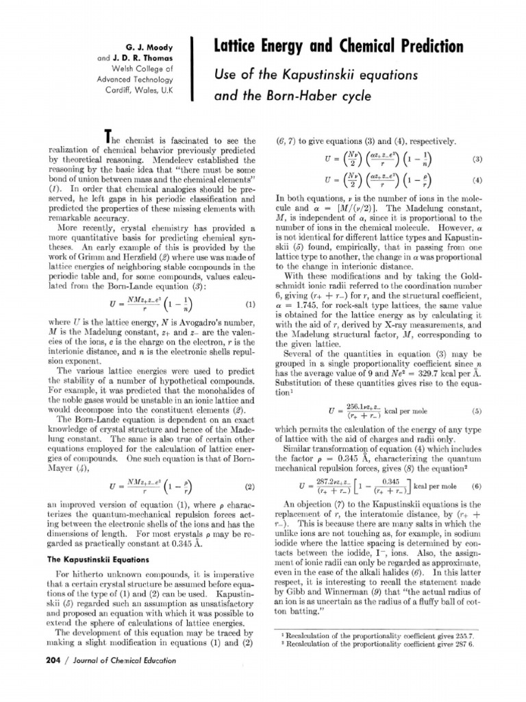 Lattice Energy Predictions Using Kapustinskii | PDF | Ionic Bonding ...