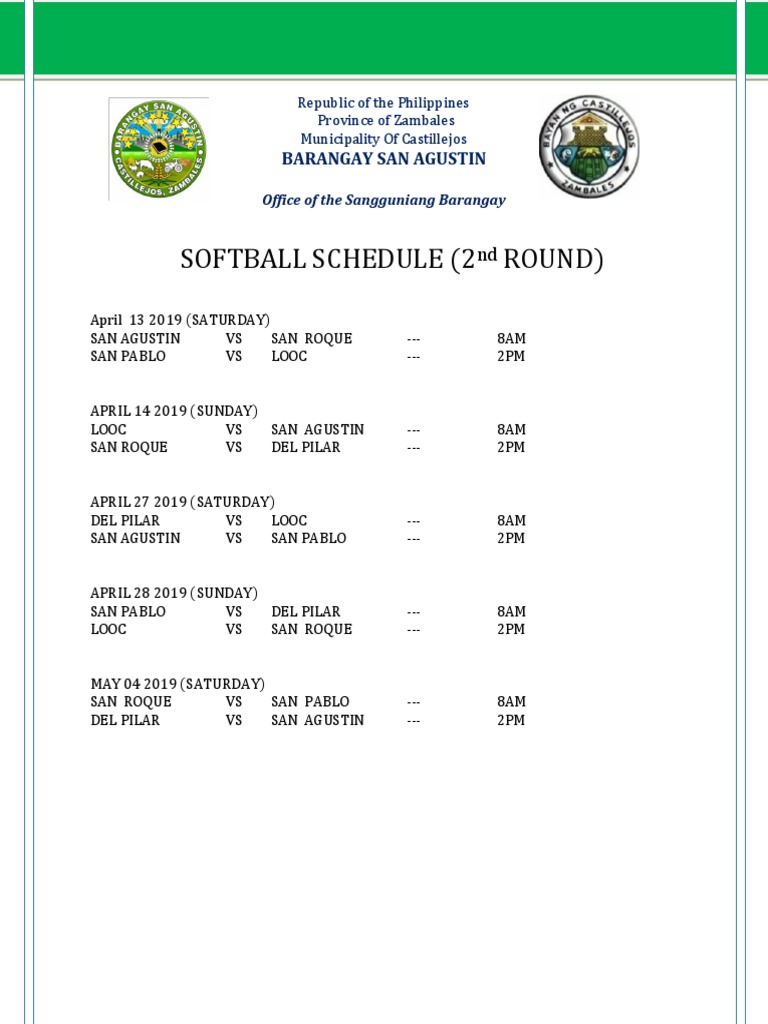 Zambales Softball Schedule 2019 | PDF | Sports