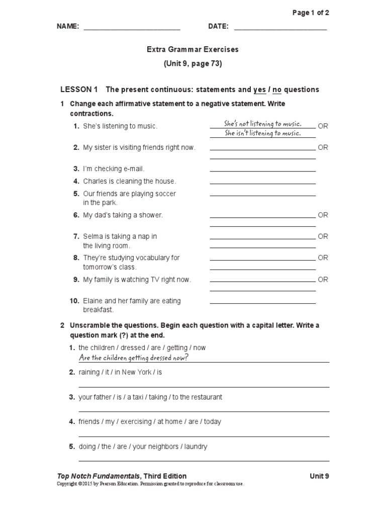 Extra Grammar Exercises (Unit 9, Page 73) : Top Notch Fundamentals ...