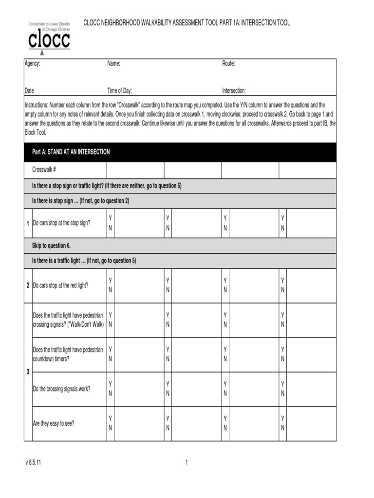 Clocc Neighborhood Walkability Assessment Tool Part 1A: Intersection ...