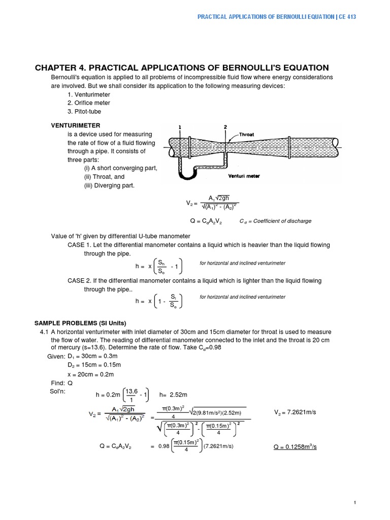 Applications of Bernoulli's Equation | PDF | Pressure | Applied And ...