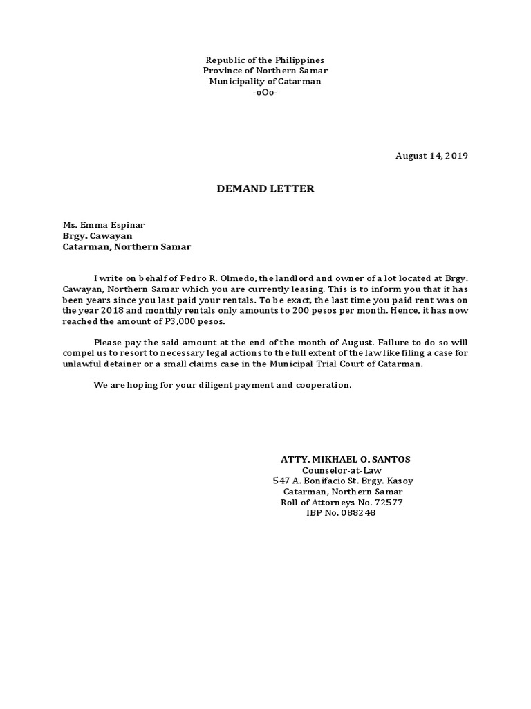 Demand Letter: Brgy. Cawayan Catarman, Northern Samar | PDF