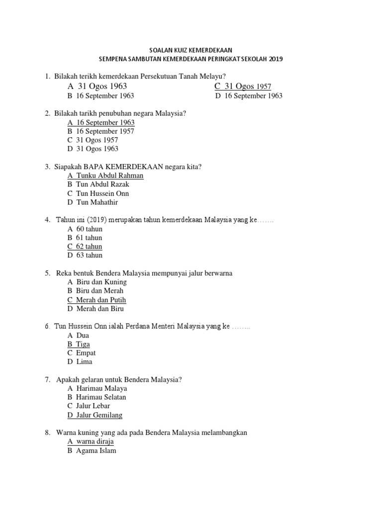 Soalan Kuiz Kemerdekaan | PDF