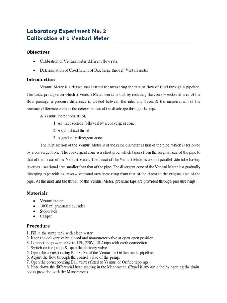 LAB MANUAL. EXPERIMENT 2. Calibration of Venturi Meter | PDF | Flow ...