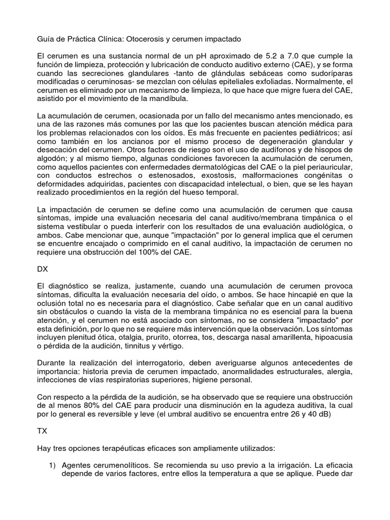 Guía Clínica: Cerumen Impactado y Otocerosis | PDF | Especialidades ...