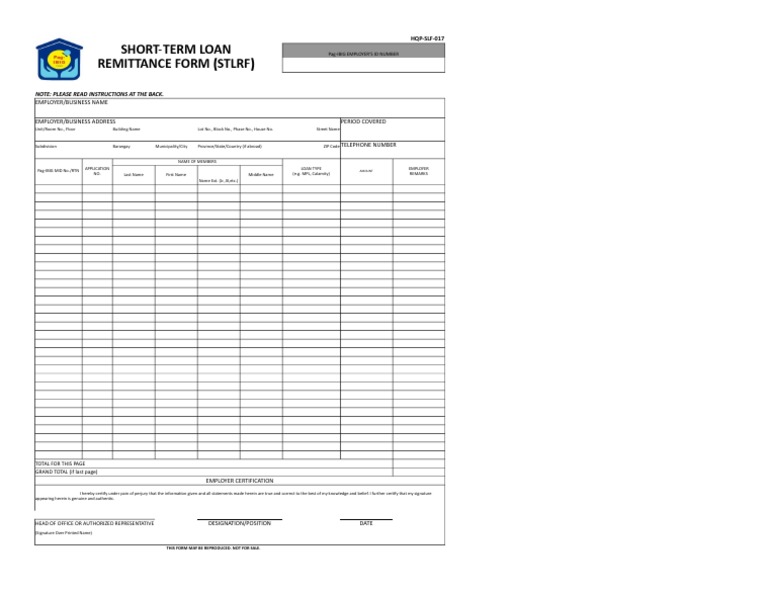 Short-Term Loan Remittance Form (STLRF) : Employer/Business Name ...