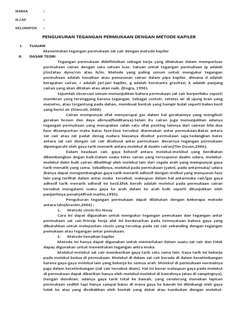Pengukuran Tegangan Permukaan Metode Kapiler | PDF
