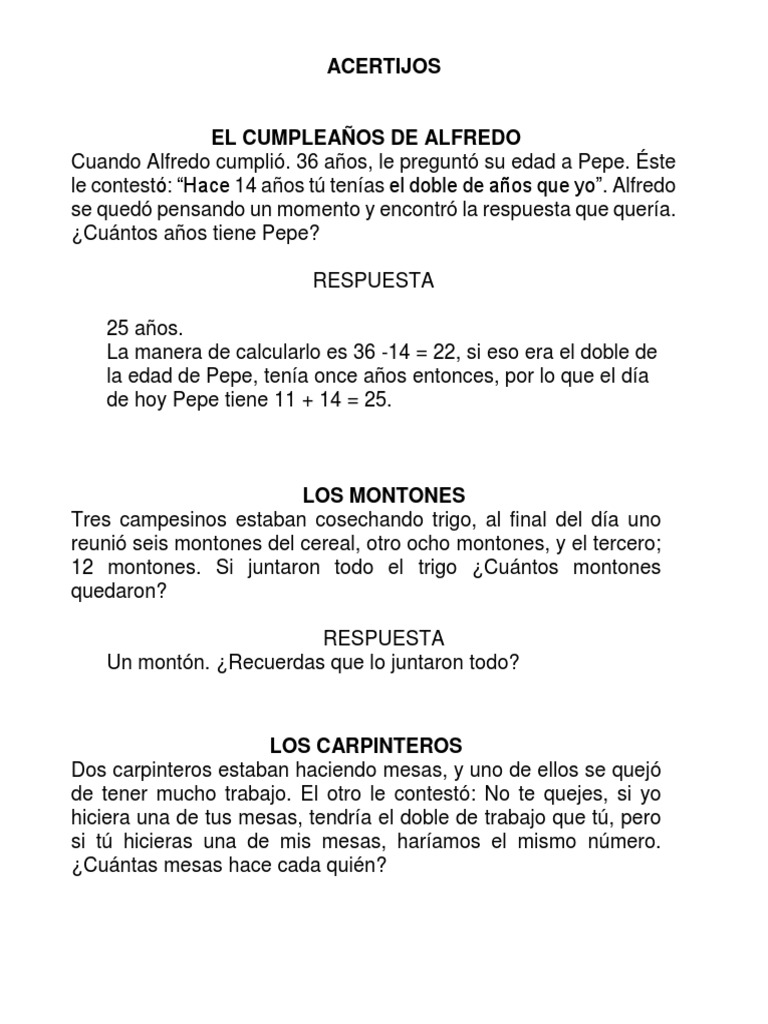 Acertijos 5 Año Rally De Matemáticas Pdf