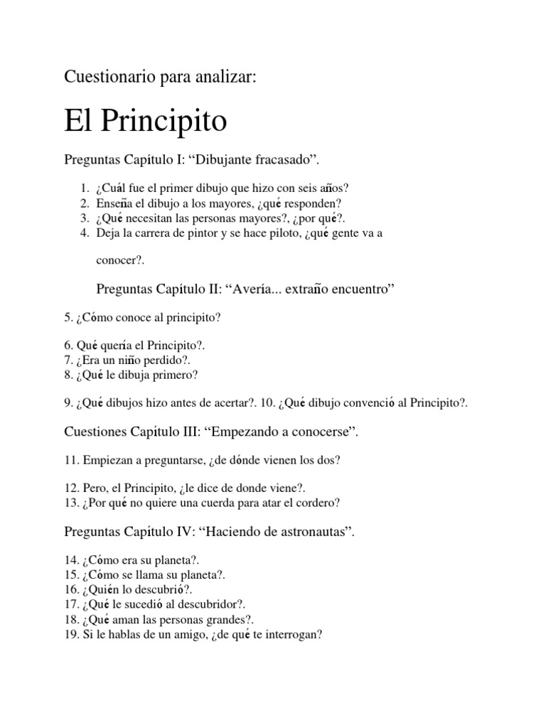 Preguntas de Analisis Del Principito Por Capitulo | El Principito ...