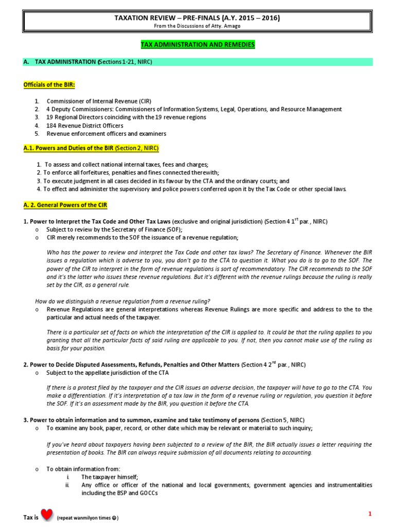 Taxation Review - Prefinals 2015 | PDF | Taxpayer | Taxes