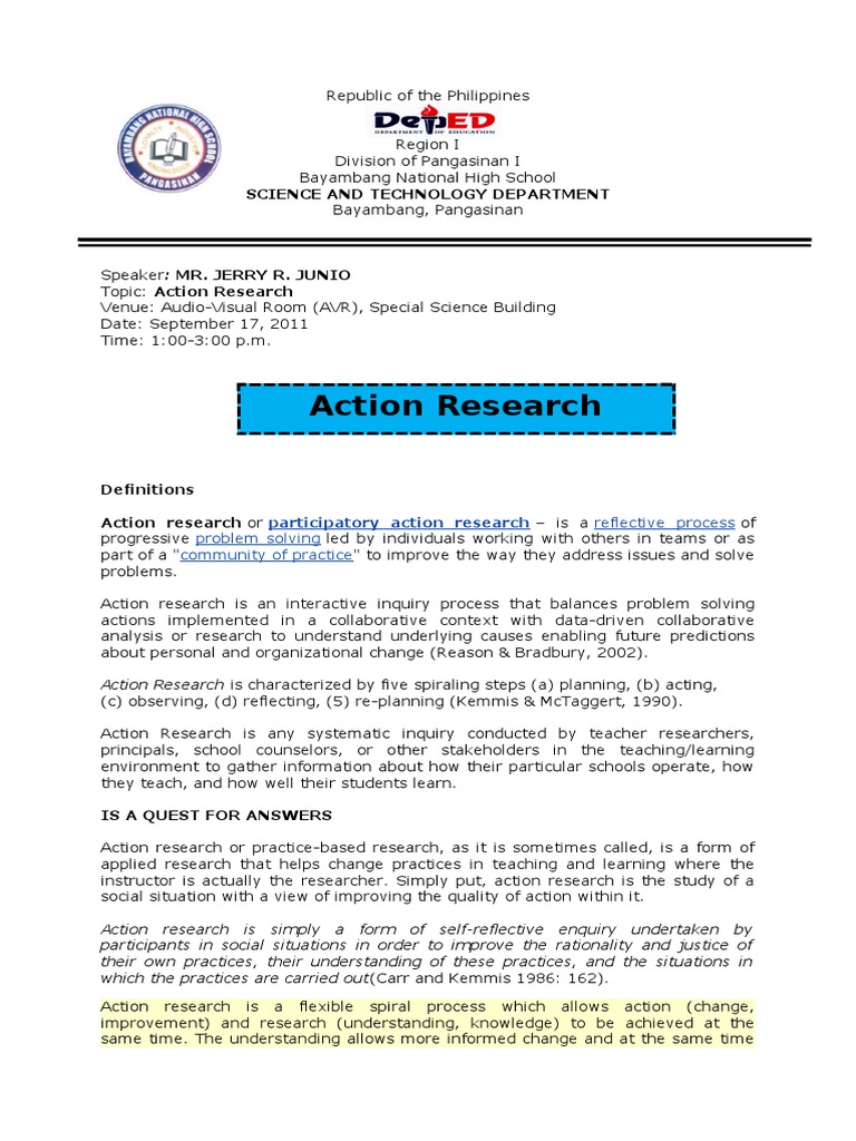 Hand-Outs For Action Research | PDF | Action Research | Teachers
