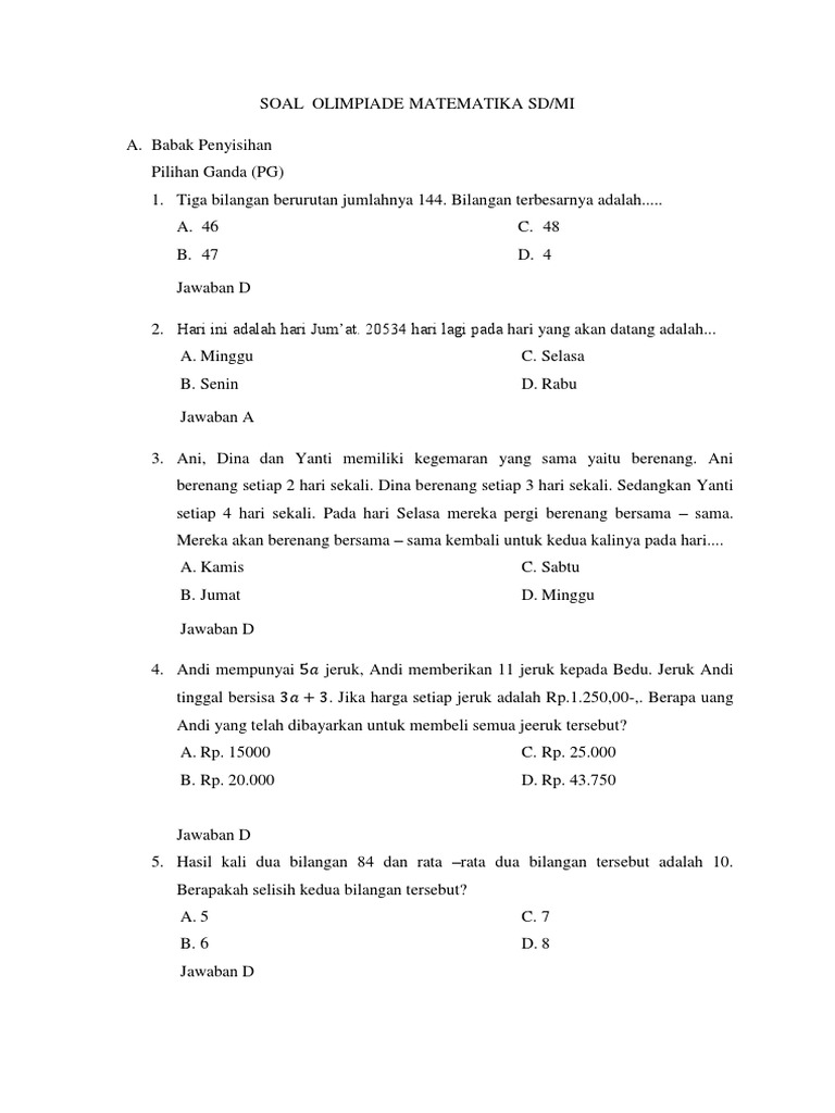 Soal Olimpiade Matematika SD Penyisihan Revisi | PDF