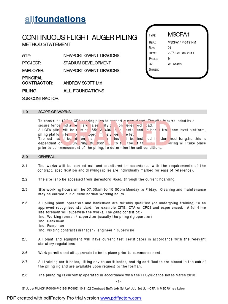 CFA Piling Method Statement for Stadium Development | PDF | Deep Foundation | Concrete