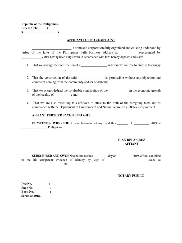 Affidavit of No Complaint for Construction | PDF | Affidavit | Legal ...